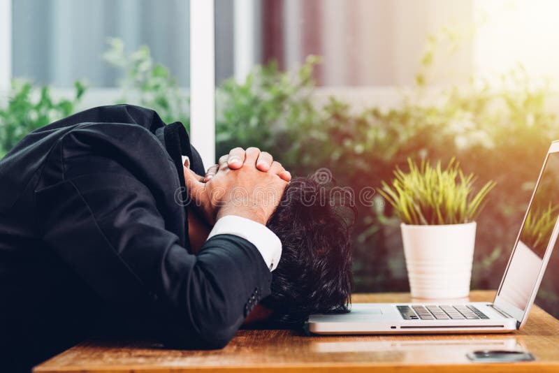 Business Man Unhappy Head Down on Laptop Computer Stock Image - Image ...
