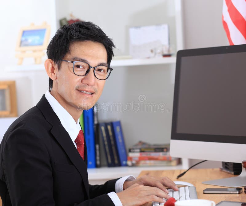 Business Man Use Computer in Office.Business Man Wearing Glasses Stock ...