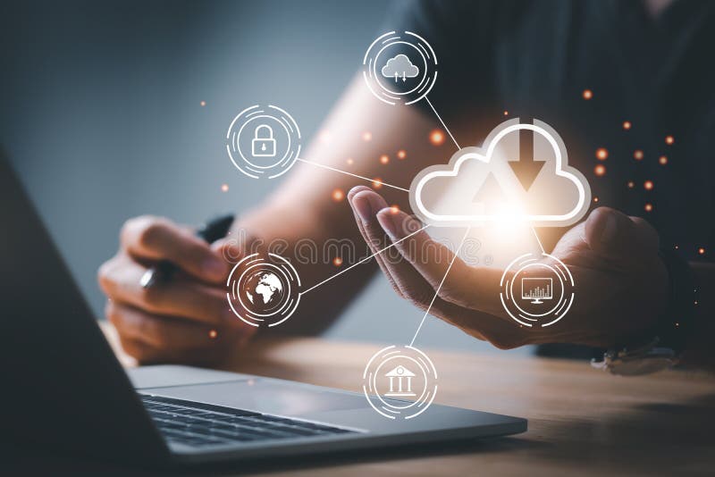 Business Man Use Laptop with Cloud Computing Diagram Show and Pen on ...