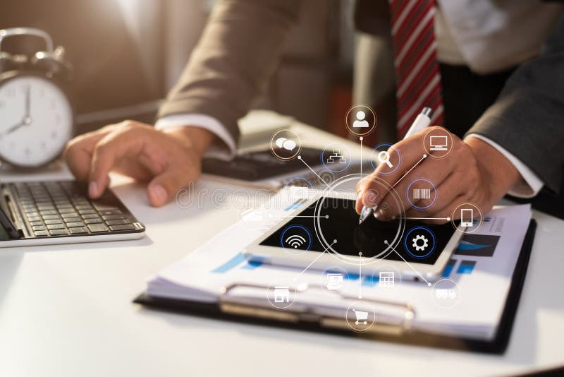 Business Man Using Digital Tablet Analyzes Business Data, Busy Working ...