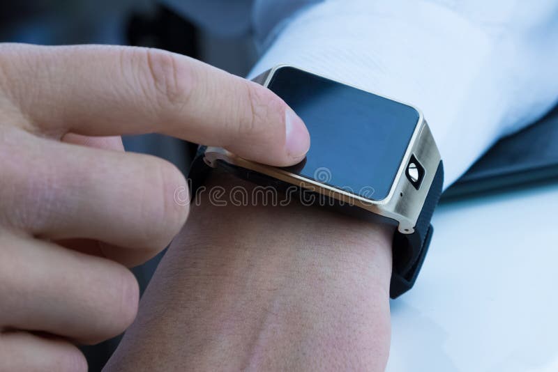 Business Man with Smartwatch App Near Computer Pc Keyboard and ...