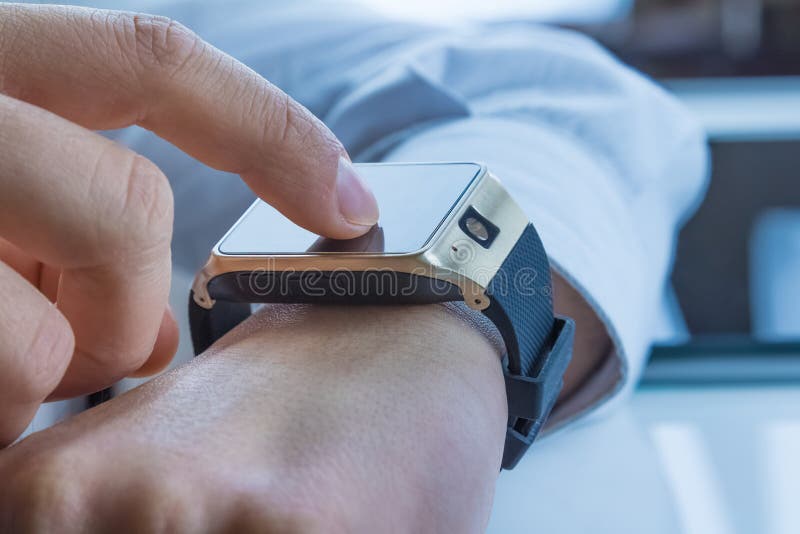 Business Man With Smartwatch App Near Computer Pc Keyboard And ...