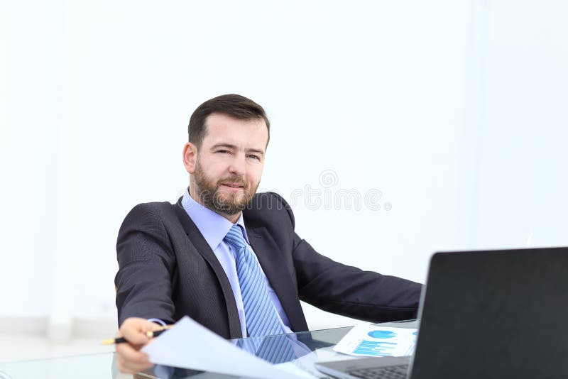 Business Man Using Laptop and Modern Devices in Office Stock Photo ...