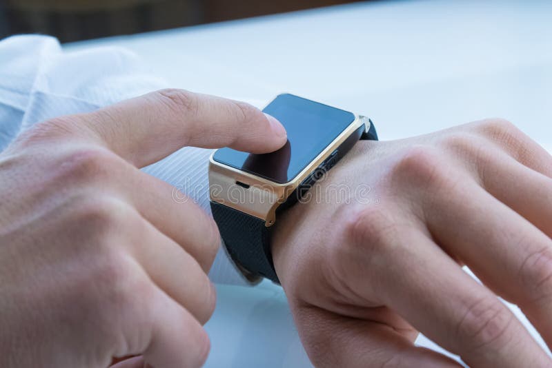 Business Man with Smartwatch App Near Computer Pc Keyboard and ...