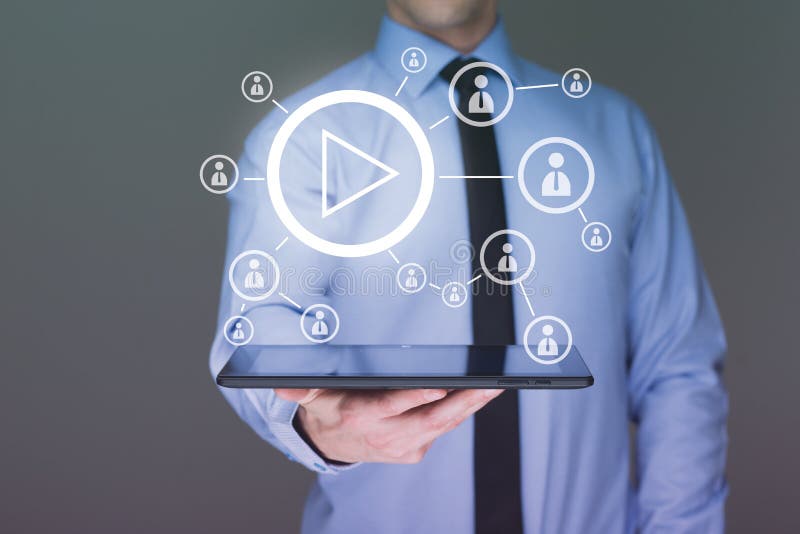 Business Man Using Tablet PC. Video Shows Internet Users. Presentation ...