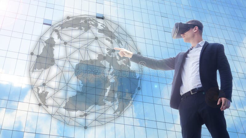 Business Man Using VR Headset and Interacting with Object World Stock ...