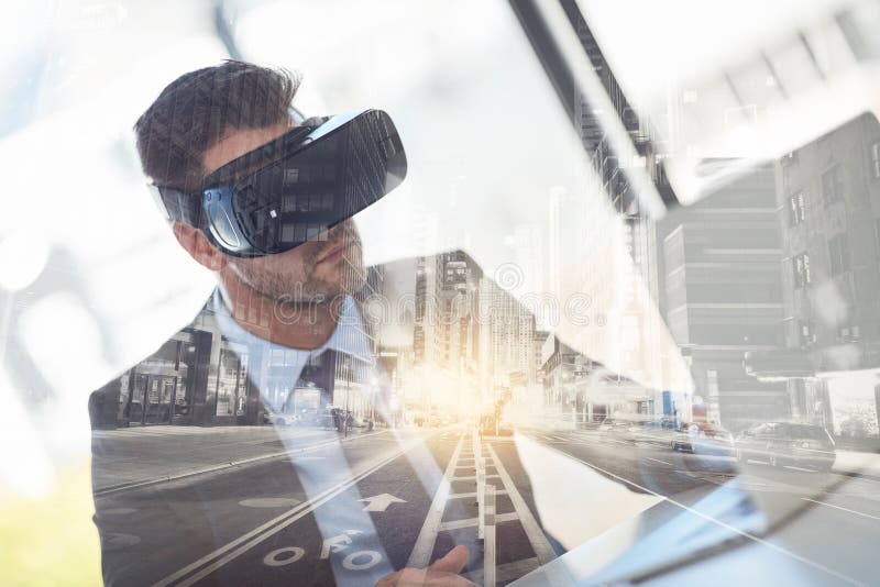 Business, Man and Vr with City Overlay for Future Technology, Vision ...