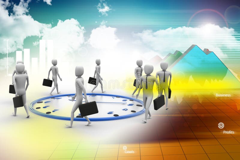 Business Man Walk Around the Clock Stock Illustration - Illustration of ...