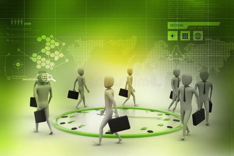 Business Man Walk Around the Clock Stock Illustration - Illustration of ...