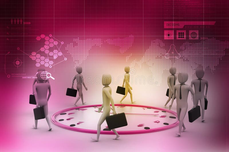 Business Man Walk Around the Clock Stock Illustration - Illustration of ...