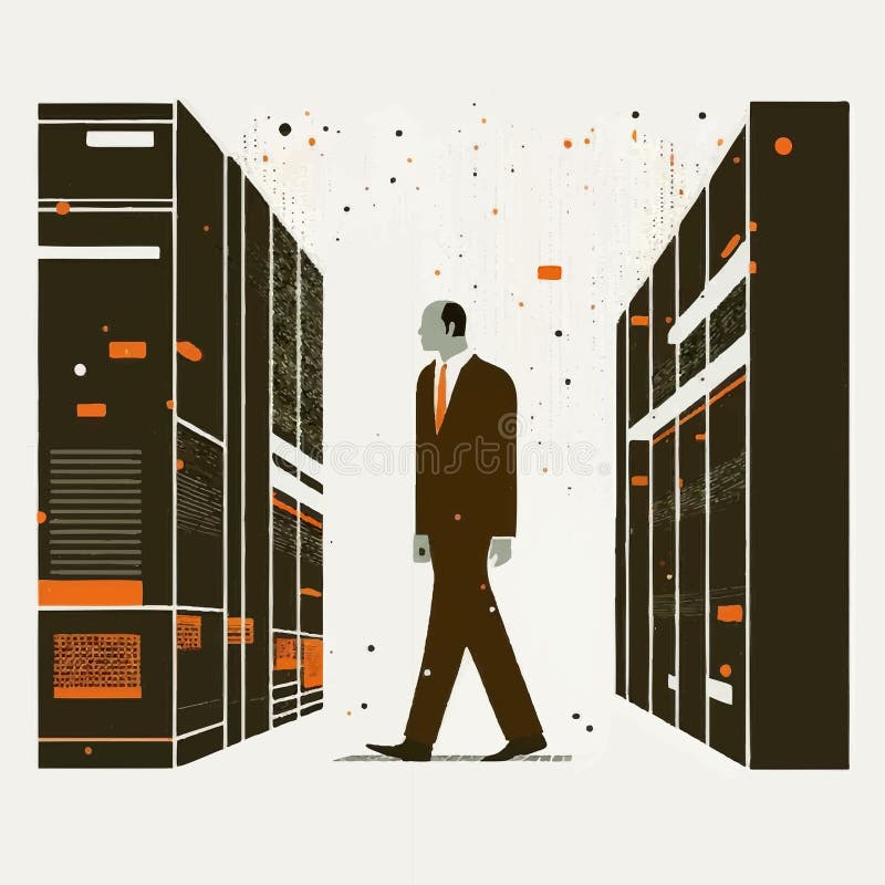 Business Man Walking through Server Rack. Vector Retro Illustration ...