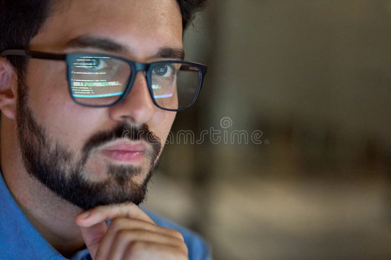 Business Man Wearing Glasses with Reflection Using Computer Developing ...