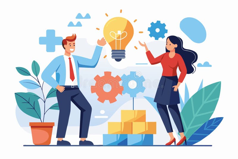 Business Man and Woman with Light Bulb, Two Business People Solve ...