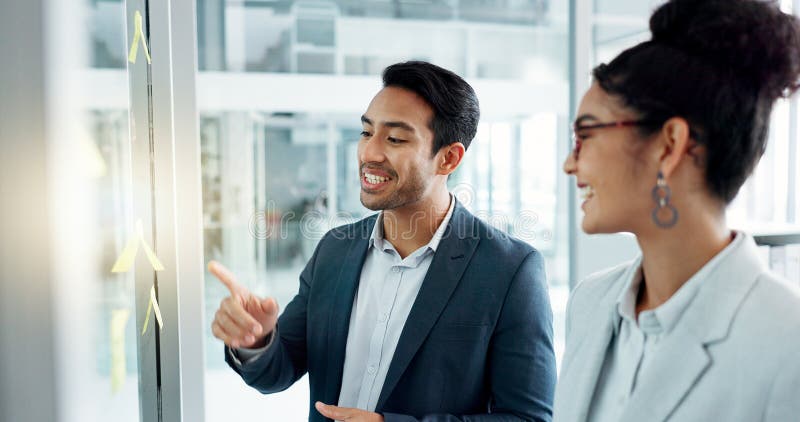 Business Man, Woman and Planning by Glass Board, Point and Talk with ...
