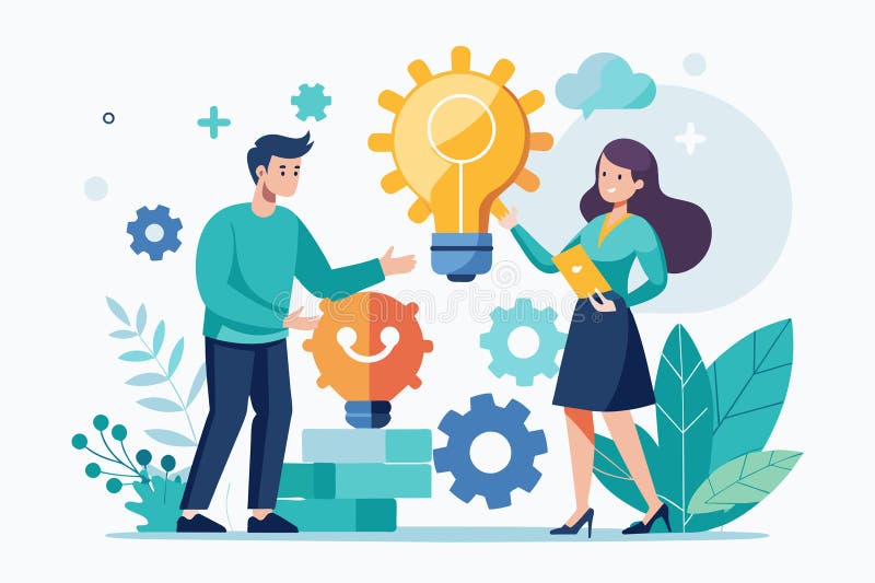 Business Man and Woman Standing by Light Bulb, Two Business People are ...