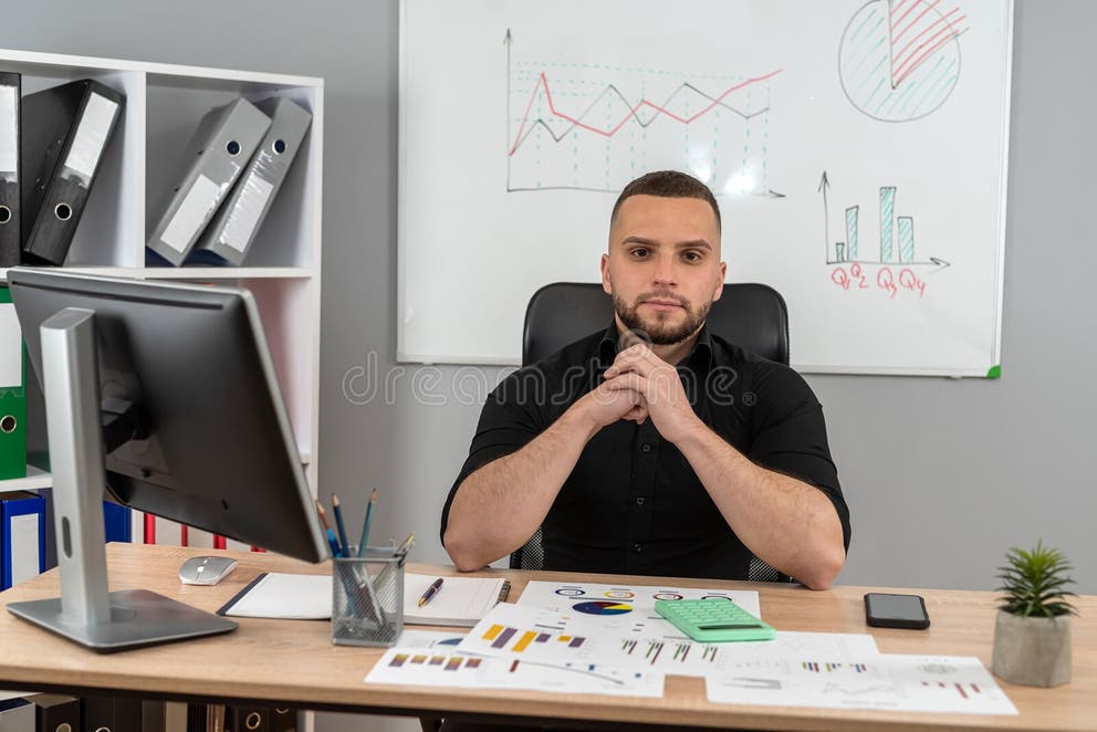 Business Man Work with Charts and Graphs with Computer at Modern Office ...