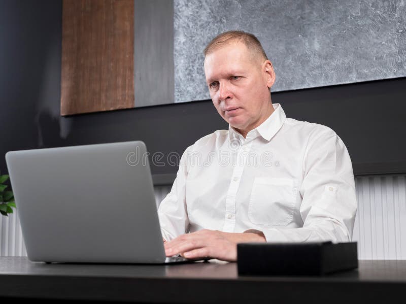 Business Man Work at Laptop Computer at Office Desk. Boss at Table ...