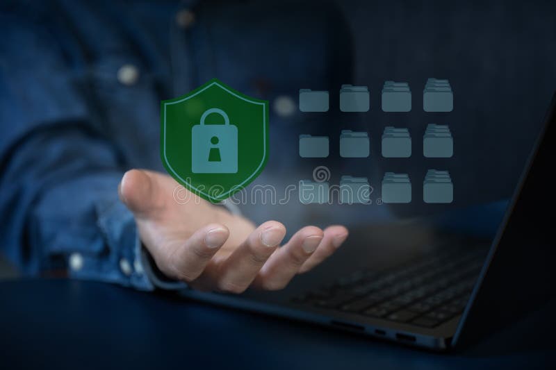 The Business Man Work with Laptop Seek Data Folder are Locking Icon ...