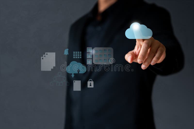 Business Man Work with Laptop Seek Data Input and Output from Cloud ...