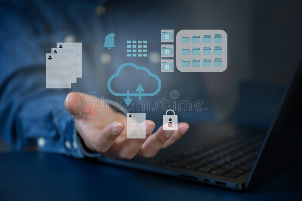 The Business Man Work with Laptop Seek Data Input and Output from Cloud ...