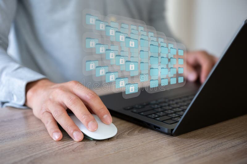 Business Man Work with Laptop Seek Data Input and Output from Cloud ...