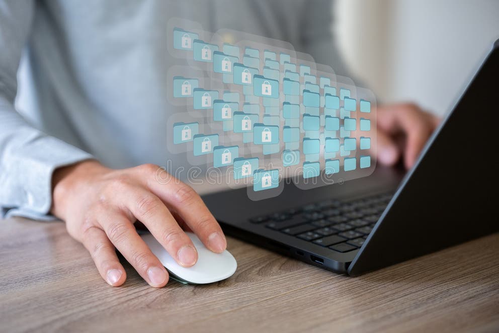 Business Man Work with Laptop Seek Data Input and Output from Cloud ...