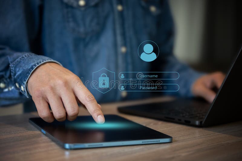 Business Man Work with Laptop Use Electronic Pen To Key Username and ...