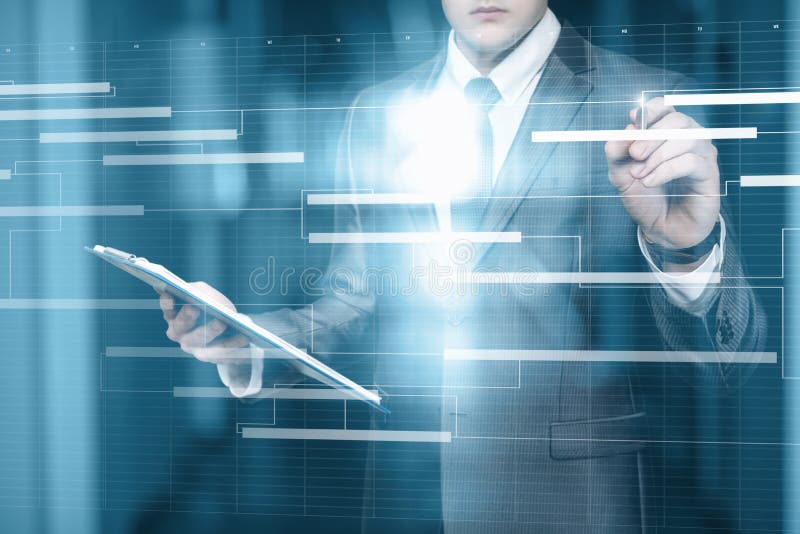 Businessman Work with a Project Schedule Plan on a Virtual Computer ...