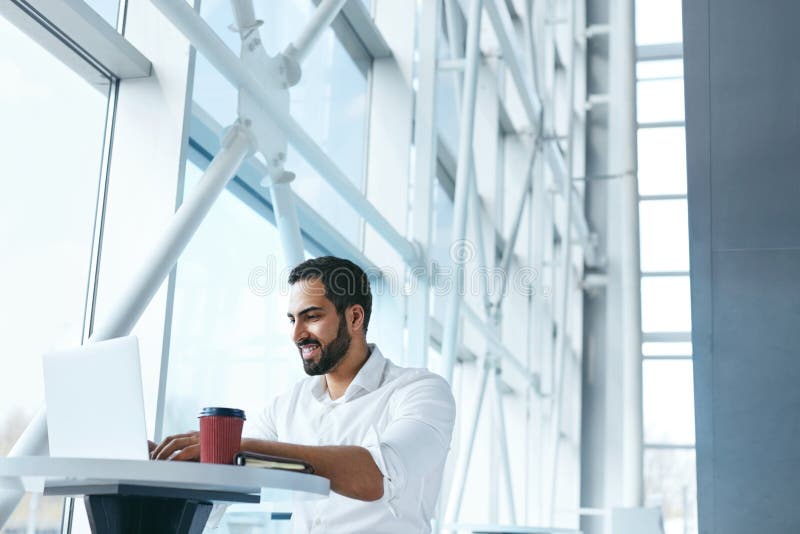 Business Man Working on Computer in Cafe Stock Image - Image of worker ...
