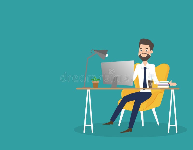 Business Man Working on Computer at Office Desk. Stock Illustration ...
