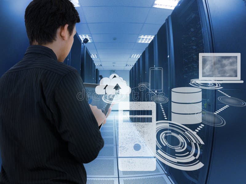 Business Man Working in Data Center with Tablet Device Stock Photo ...