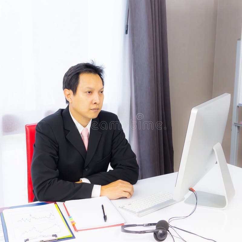 Business Man Working with Desktop Computer Stock Image - Image of chief ...