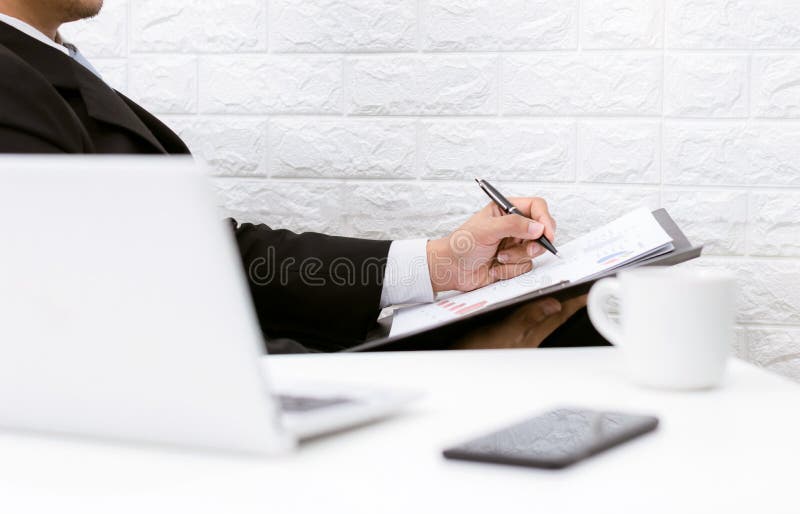 Business Man Working on Documents Looking Computer Coffee and Phone the ...