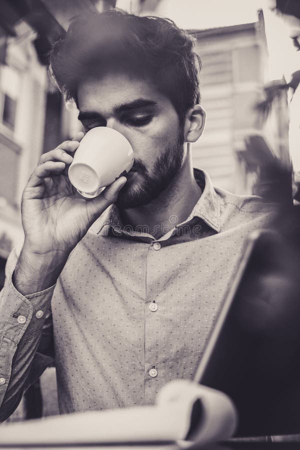 Business Man Working and Drinking Coffee. Stock Photo - Image of cafe ...