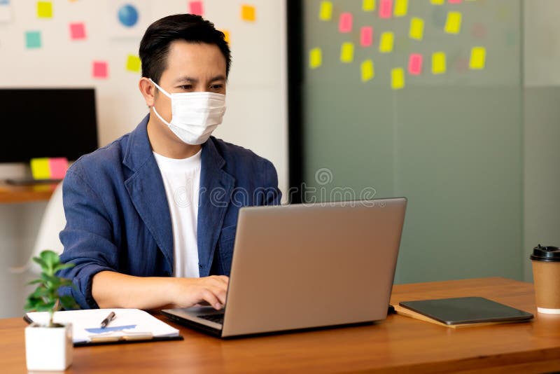 Business Man Working Job on Labtop and Wering Mask Stock Image - Image ...