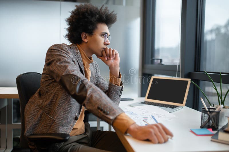 Business Man Working at Laptop in Office Using Computer Stock Image ...