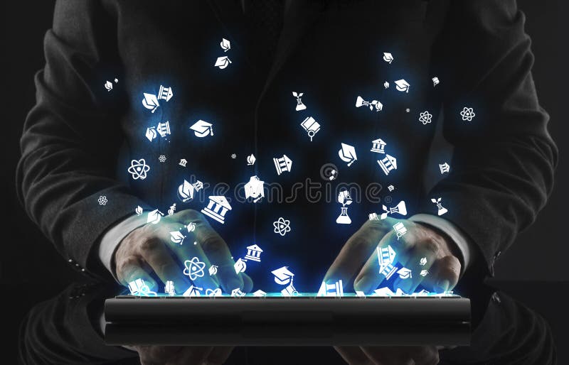 Business Man Working in Office and Icons Appearing Stock Image - Image ...