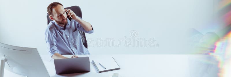 Business Man Working in the Office. Making Calls, Creating Projects ...