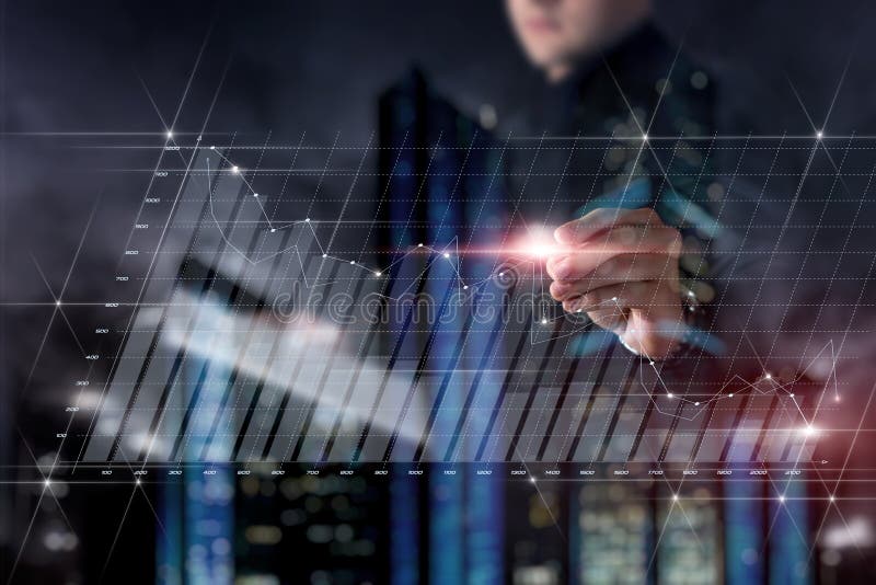 Businessman Working with Profit Drop Chart on Virtual Computer Screen ...