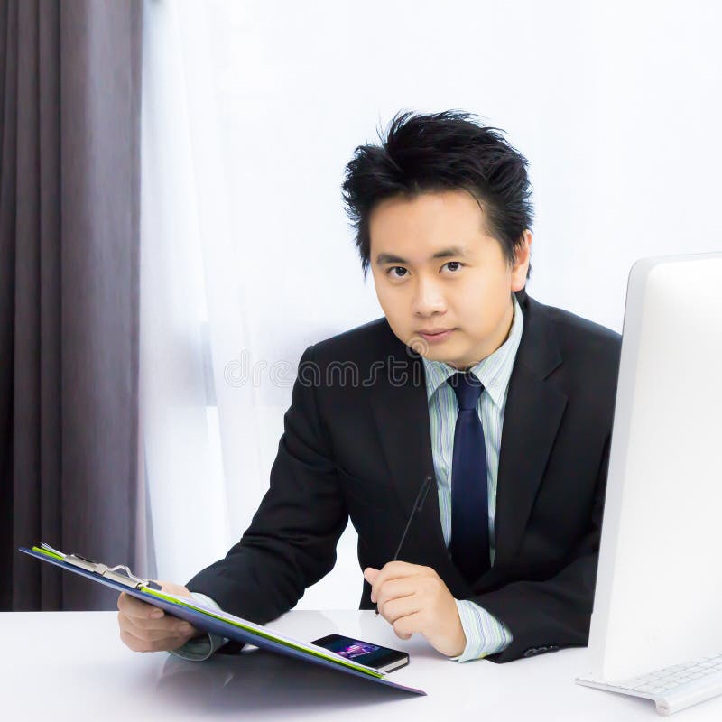 Business Man Working with Smart Phone and Desktop Computer Stock Photo ...