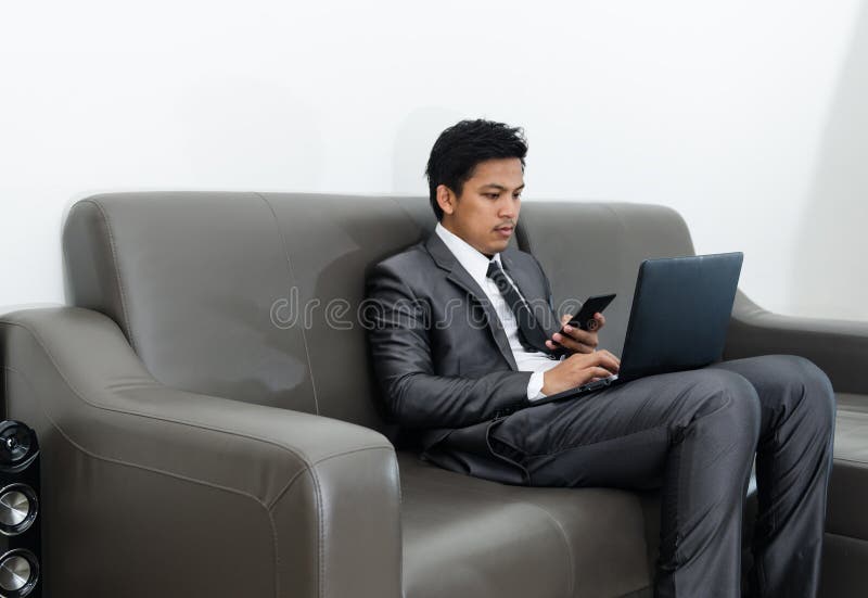 Business Man Working on Sofa at Home Stock Photo - Image of mobile ...