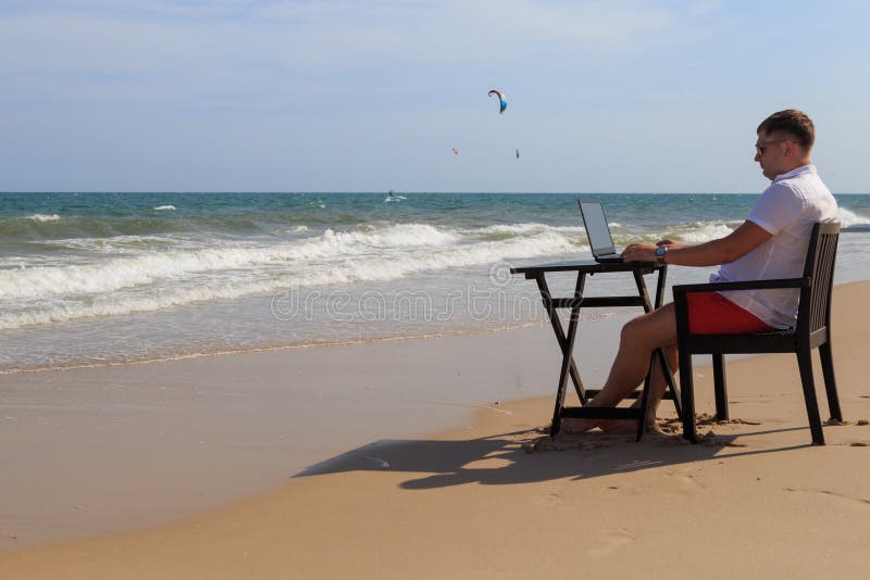 Business Man Working on Tropical Beach Stock Image - Image of outdoors ...