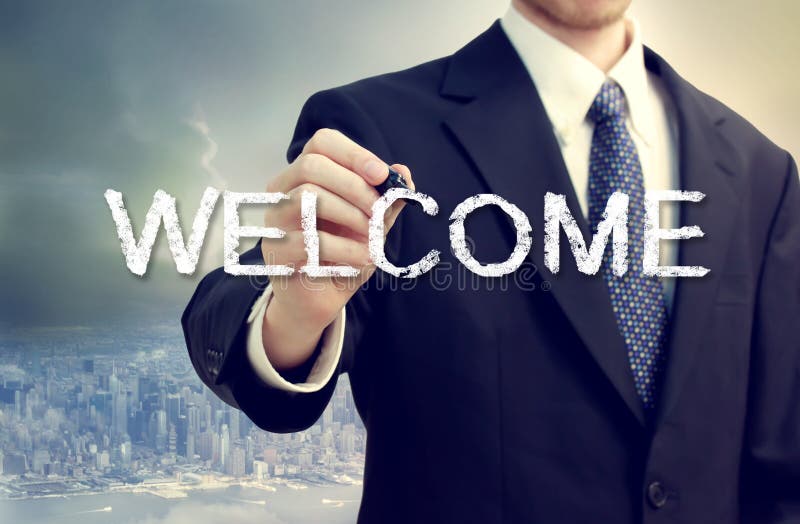Business Man Writing WELCOME Stock Photo - Image of greeting, people ...