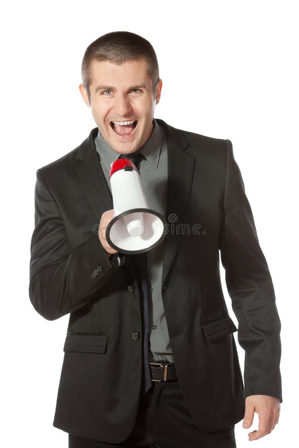 Business Man Yelling into a Megaphone Stock Image - Image of cheerful ...