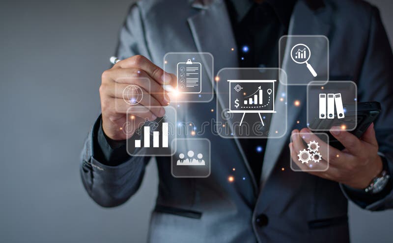 Business Management Concept. Development and Management Executives Looking Virtual Screens ...