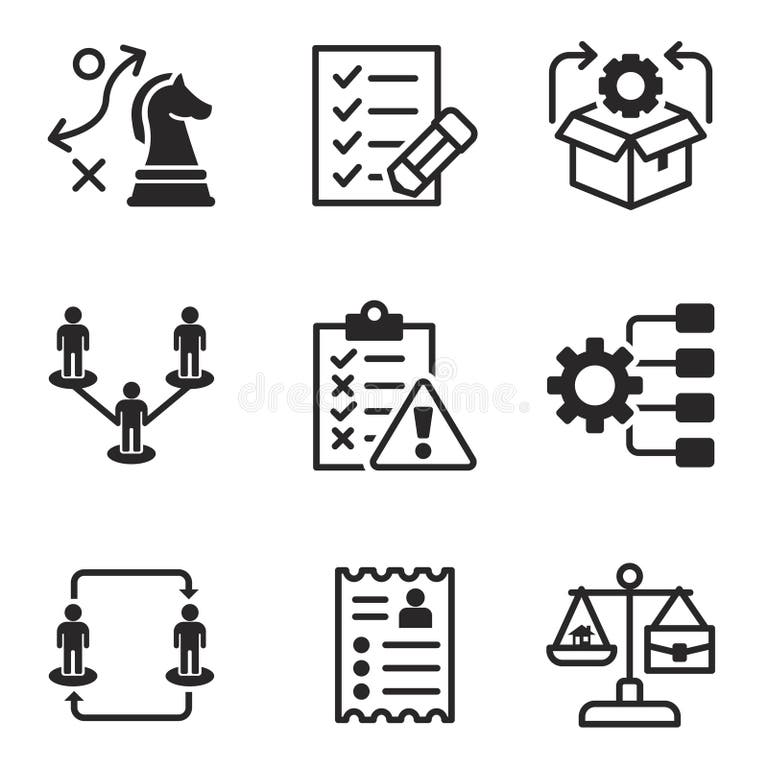 Business Management Solid Icon Set with Strategy, Leadership, Teamwork, and Decision-making ...