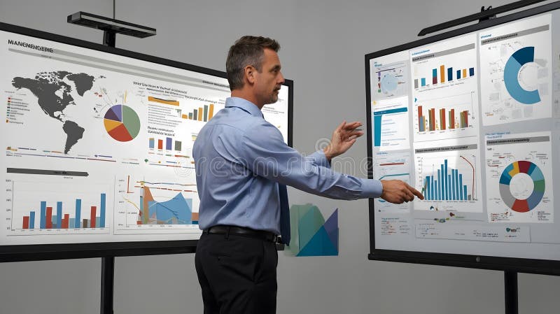 Business Manager Presenting Strategic Plan with Floating Data ...