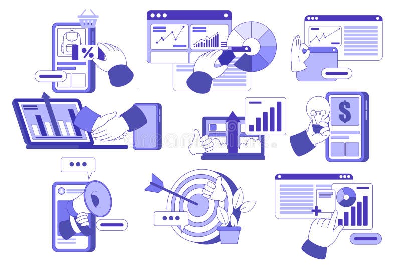 Business and Marketing with Chart, Window Screen, Target, Handshake and ...