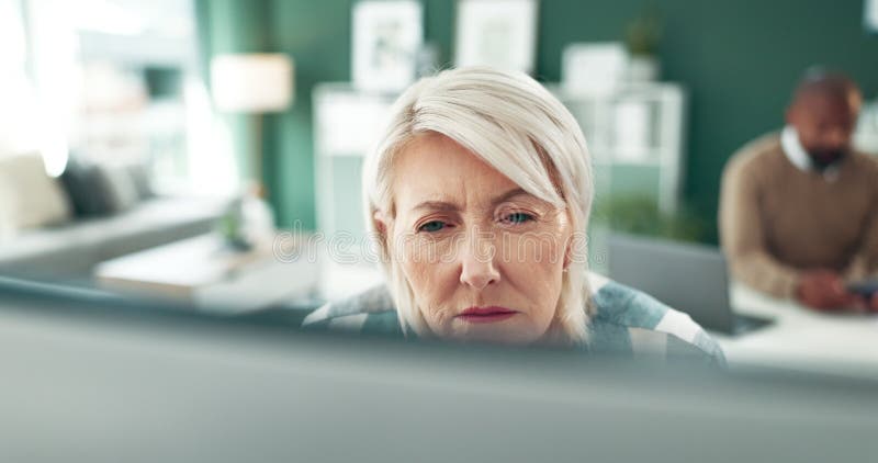 Business, Mature Woman and Thinking by Computer with Problem Solving ...