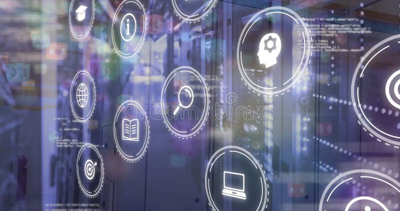 Business, Media and Education Icons Moving Over Glowing Computer ...